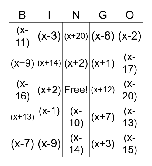 Factoring Difference Between 2 Squares Bingo Card