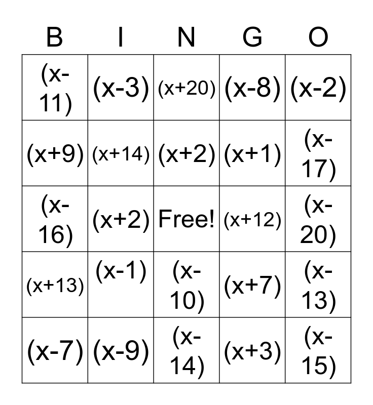 Factoring Difference Between 2 Squares Bingo Card