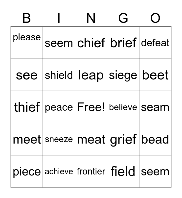 IE and EE Vowel Team BINGO Card