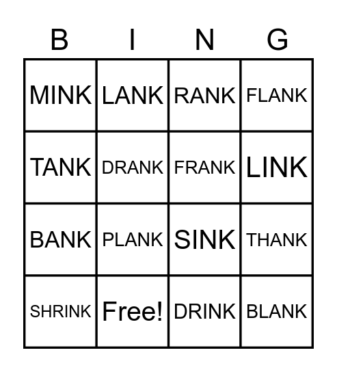 INK, ANK UNK WORDS Bingo Card