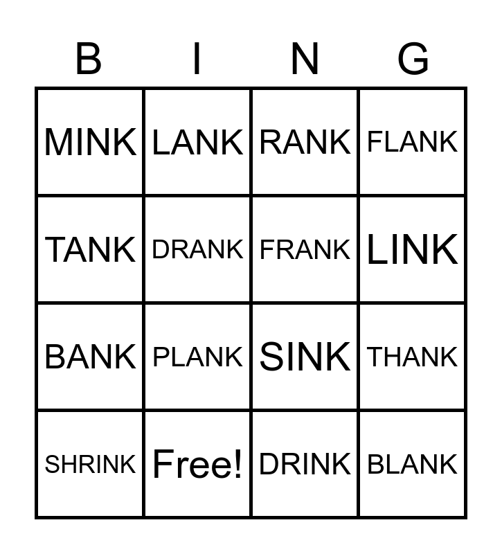 INK, ANK UNK WORDS Bingo Card