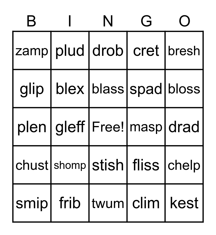 Nonsense Words Bingo Card