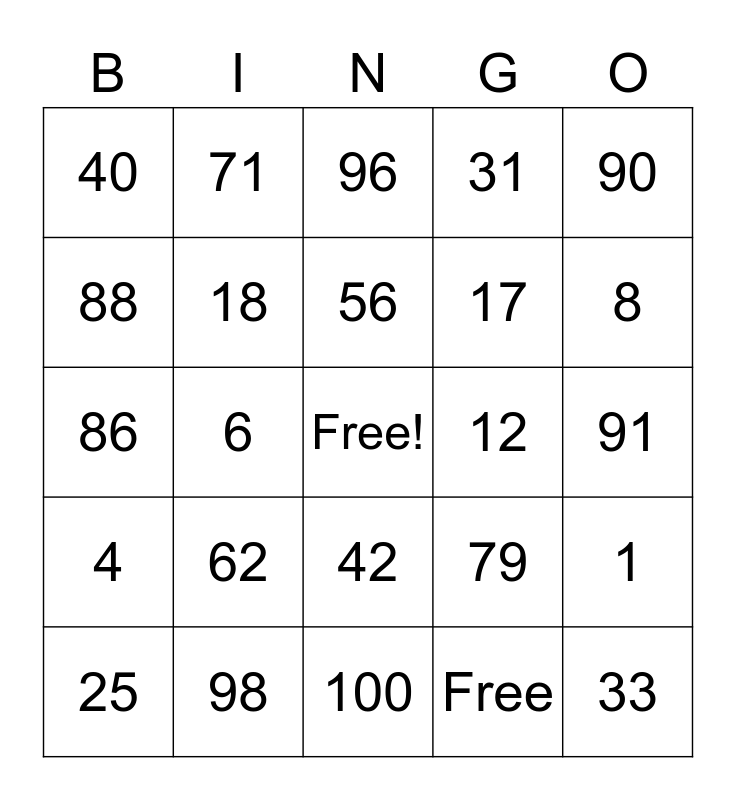 Numbers 1-100 Bingo Card