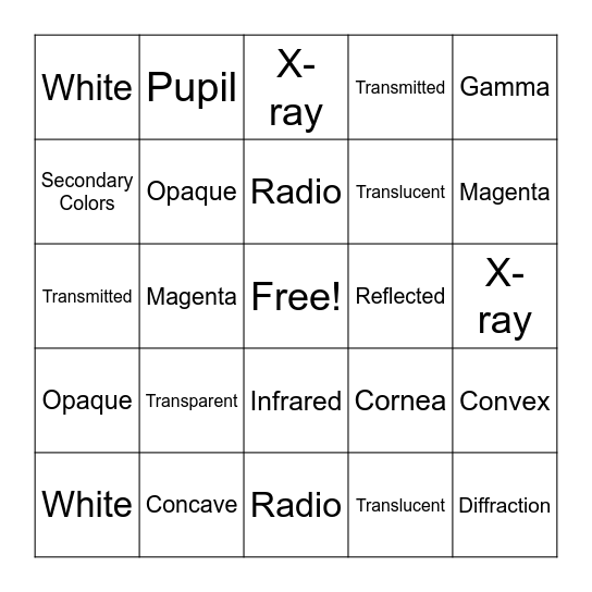 LIGHT AND COLOR BINGO Card
