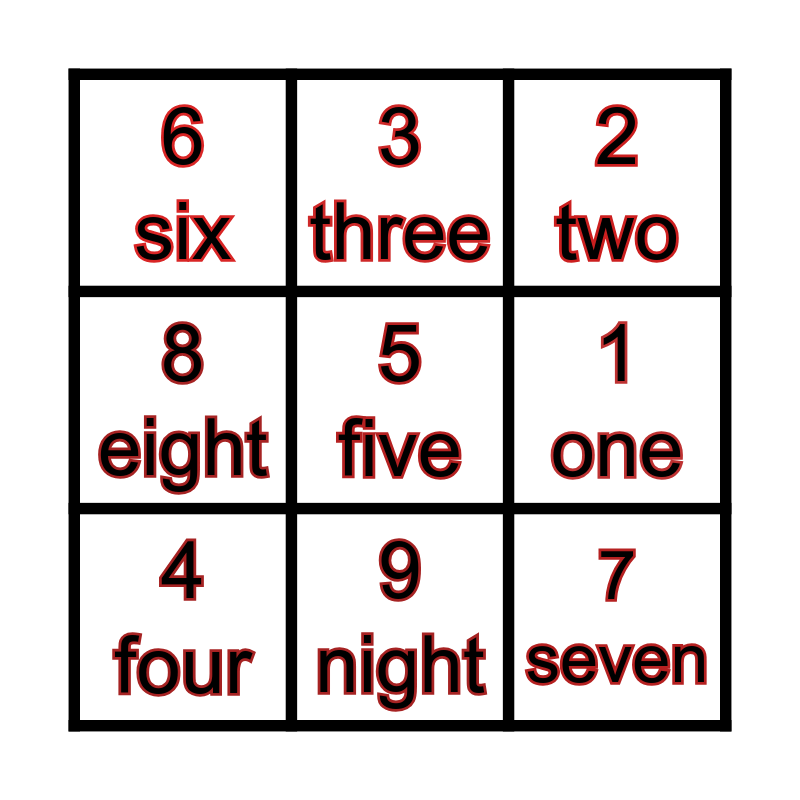 Numbers Bingo Card