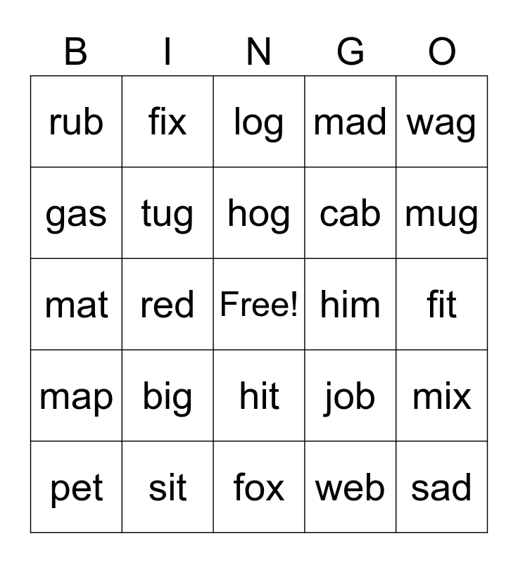 CVC Word Bingo Card