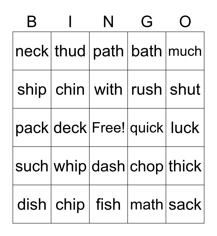 Digraph Bingo Card