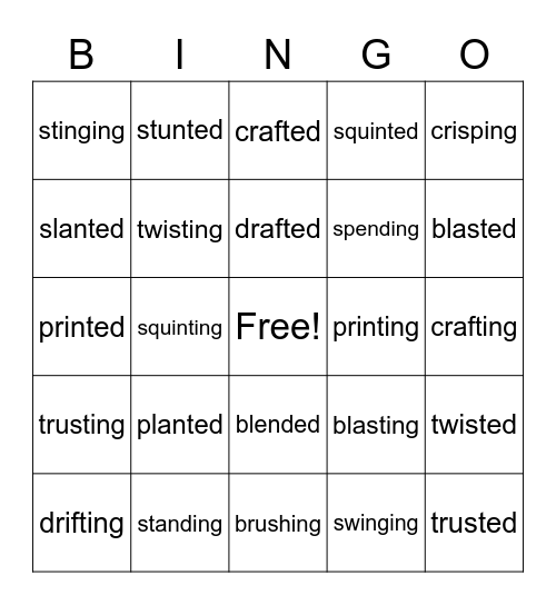 Suffix ED ING Bingo Card