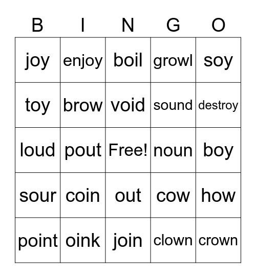 Vowel Teams: oi, oy, ou, ow Bingo Card
