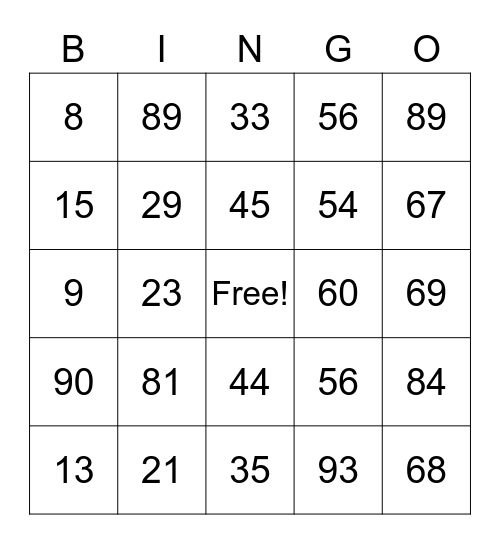Number Bingo 1-75 Bingo Card
