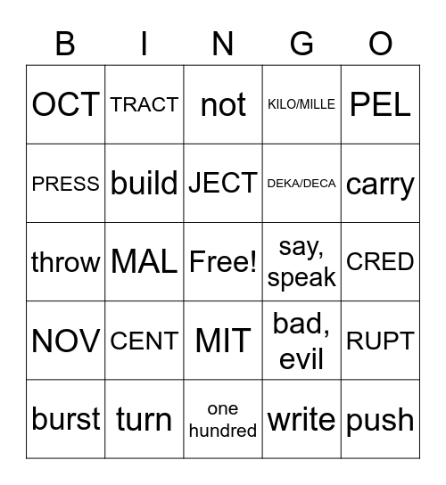 Root Words Units 1, 2, 4 Bingo Card