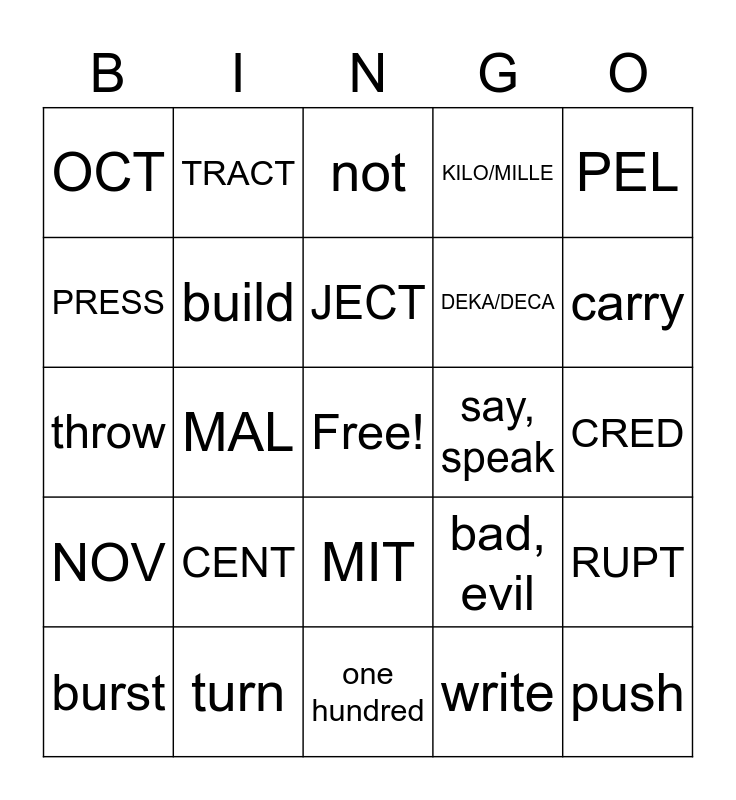 Root Words Units 1, 2, 4 Bingo Card