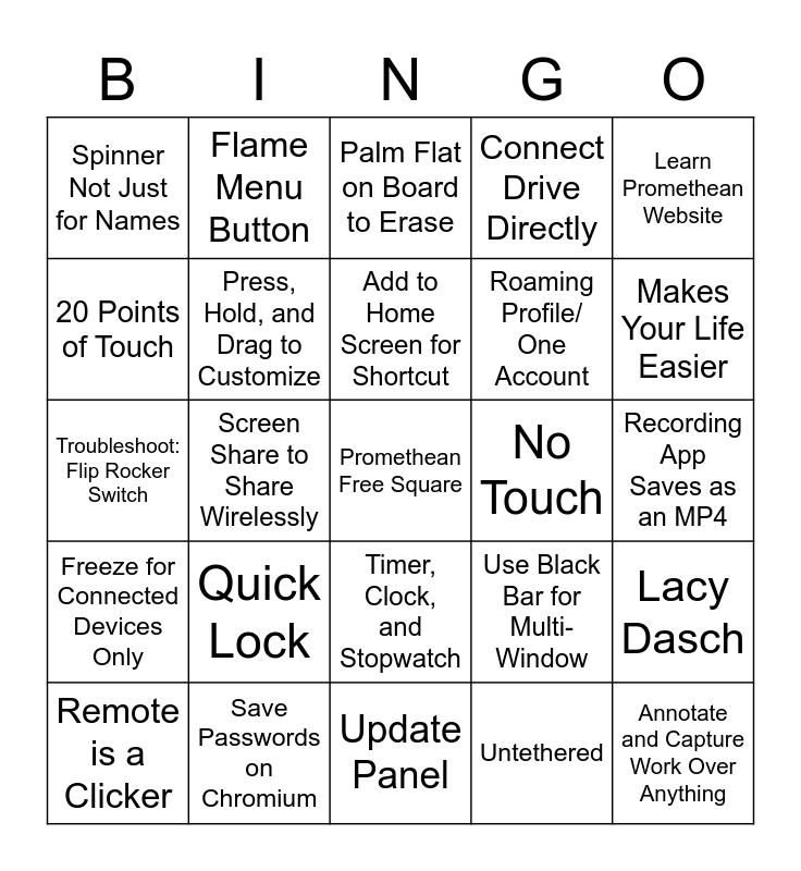 Promethean Professional Development Bingo Card