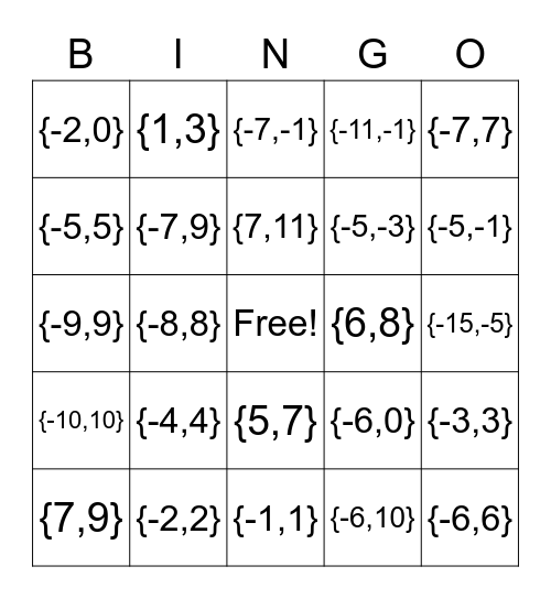 Solving Quadratics with Square Roots Bingo Card