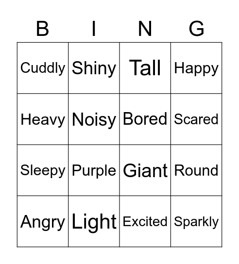 Adjective bingo Card
