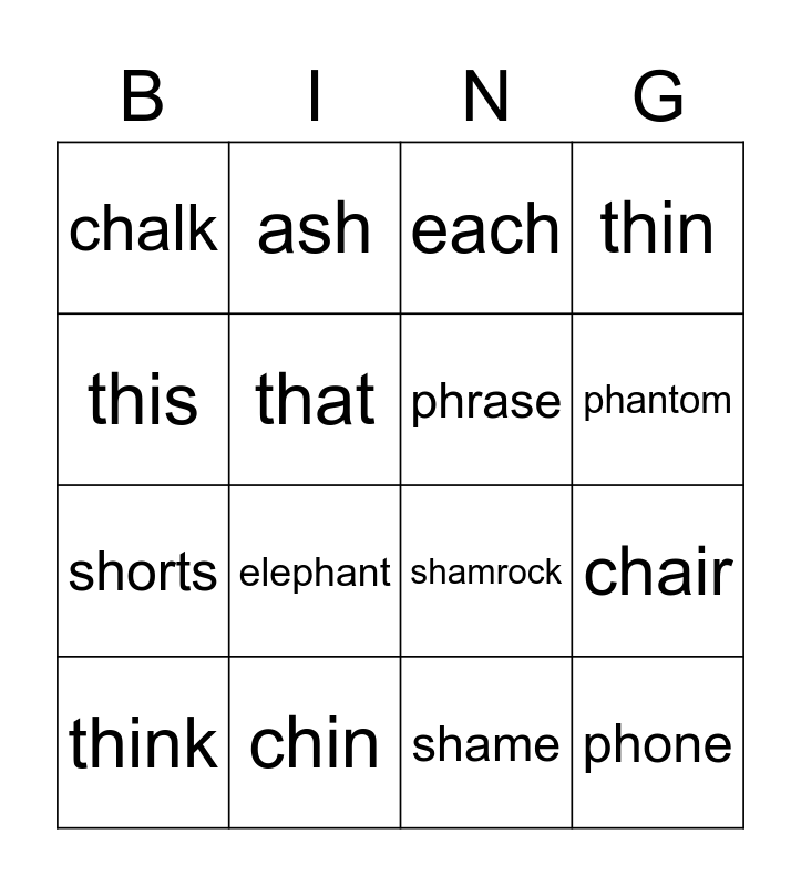 ch, sh, th, ph Bingo Card