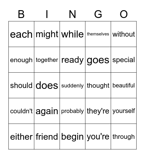 List G Bingo Card