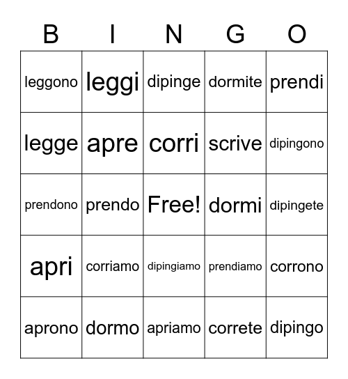 I Verbi in ERE e IRE Bingo Card