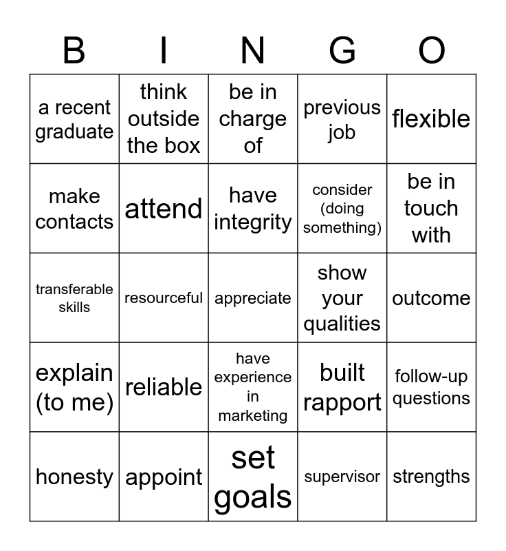 Business Partner B1 - Unit 1 Bingo Card