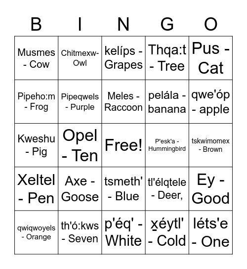 Halq'emeylem BINGO Card