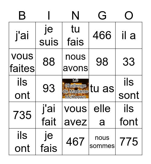 Francais 7 Vocabulaire et Chiffres Bingo Card