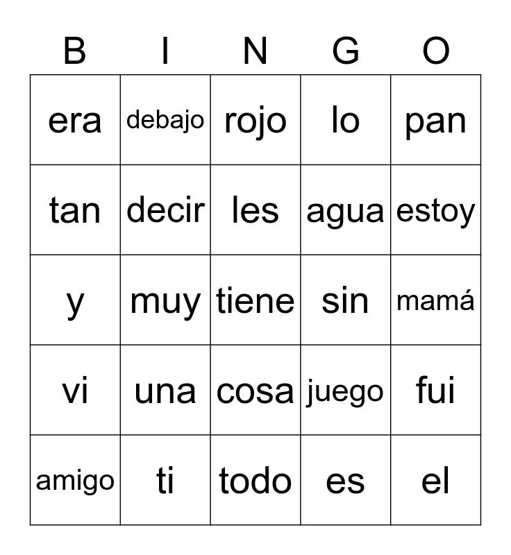 Lotería de palabras Bingo Card
