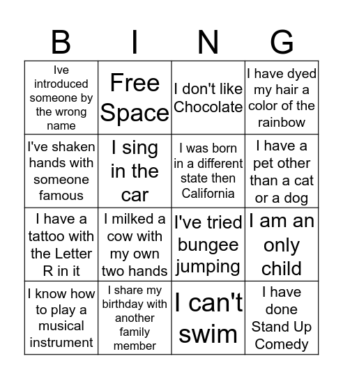 Life Experience BINGO Card