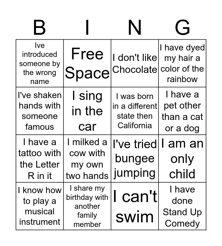 Life Experience BINGO Card