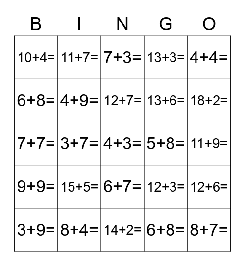 Adding within 20 Bingo Card