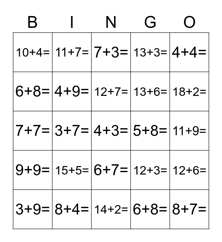 Adding within 20 Bingo Card