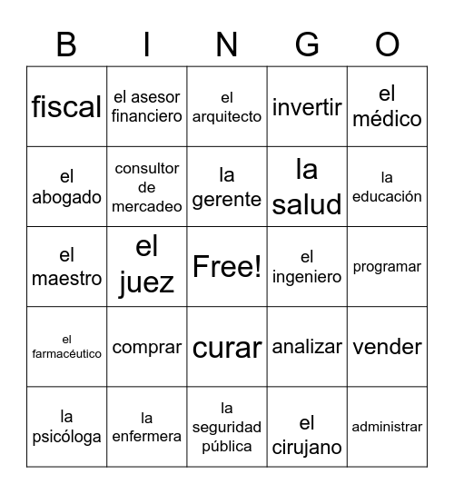 Las profesiones Bingo Card