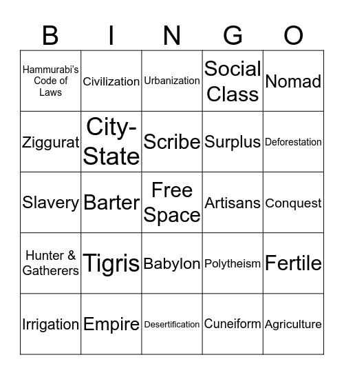 Mesopotamia Bingo Card