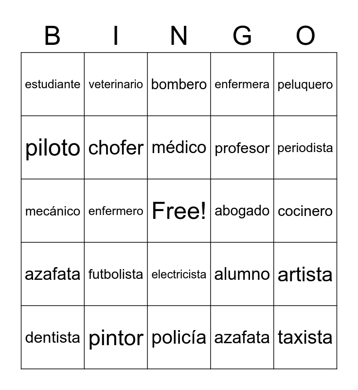 Los profesiones Bingo Card