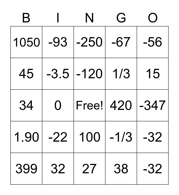 Integer Bingo Card