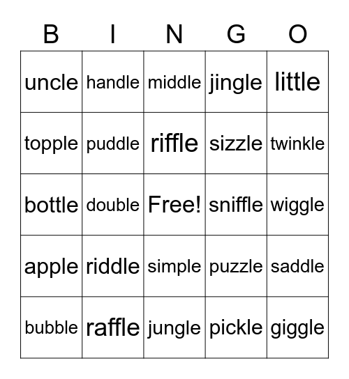 SPIRE 4 consonant -le Bingo Card
