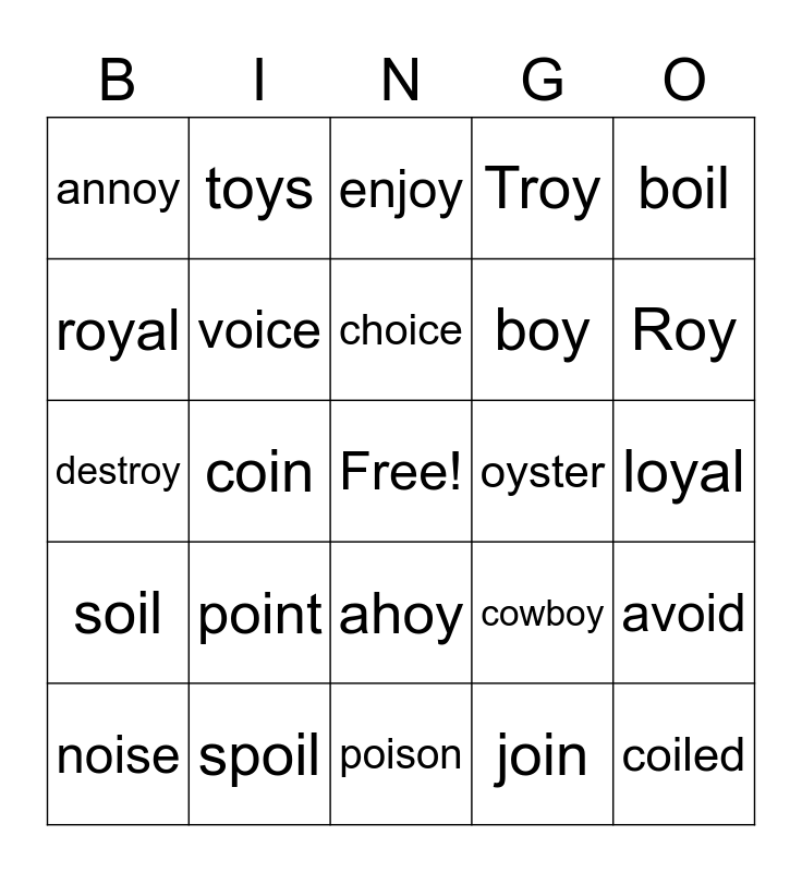 oi/oy words Bingo Card