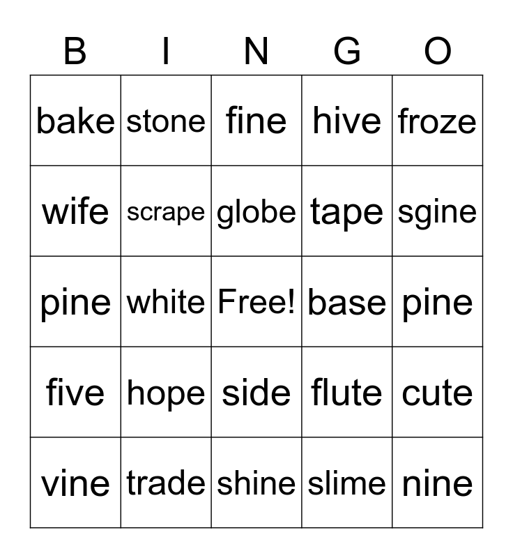 1st gr. Magic E Bingo Card