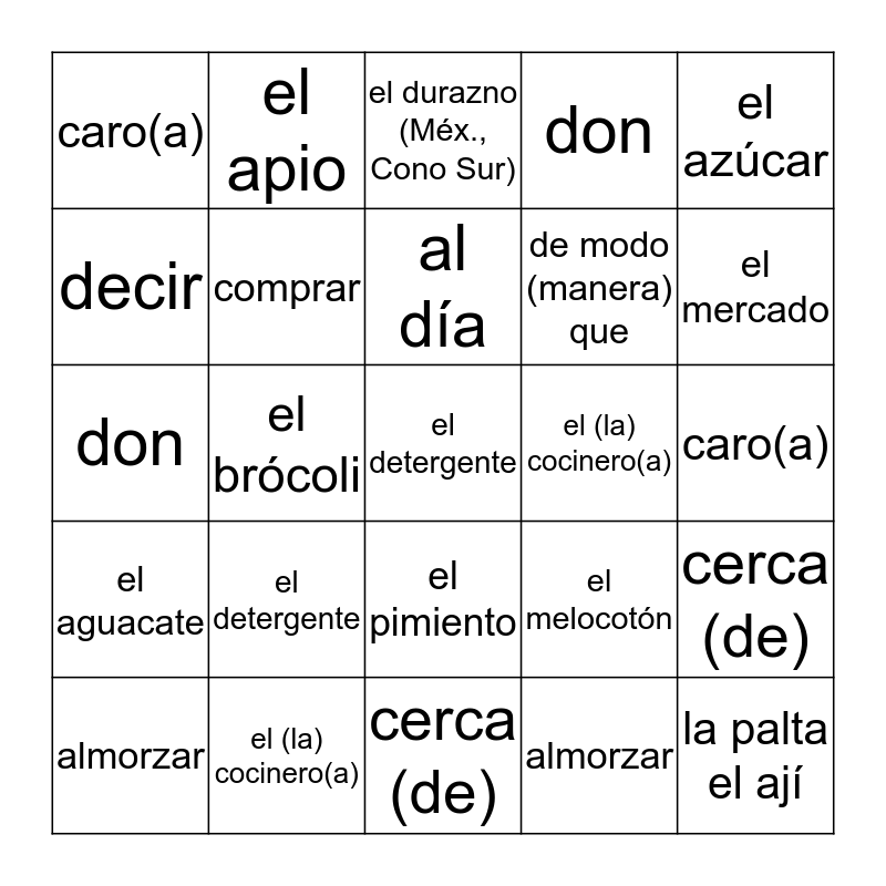 Vocabulario Lección 6: En el mercado Bingo Card