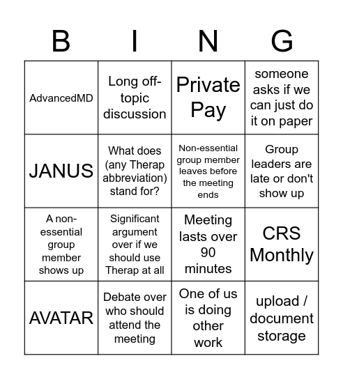 Therap Implementation Meeting Bingo Card