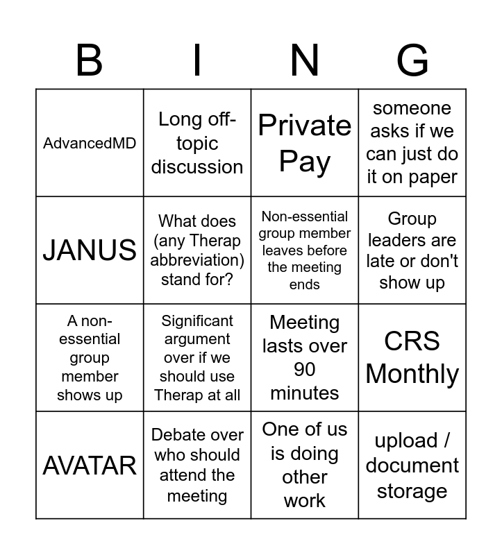 Therap Implementation Meeting Bingo Card