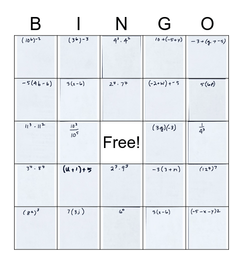 Expressions and Exponents Bingo Card