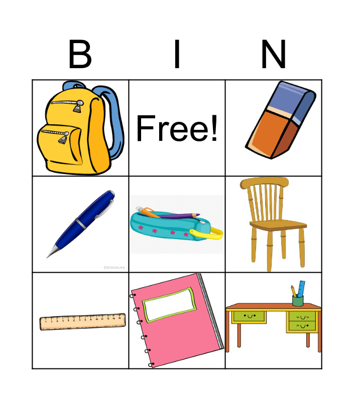 School objects Bingo Card