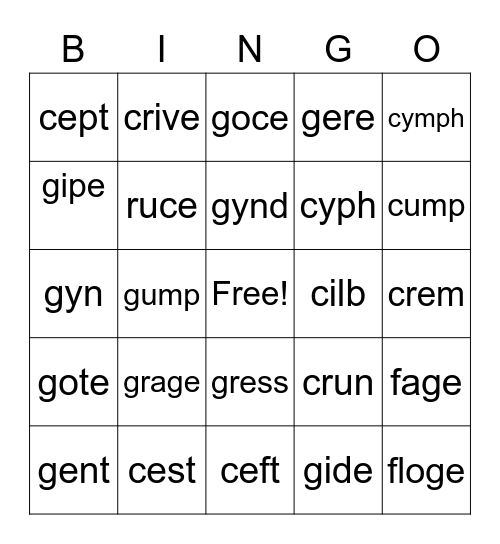 Nonsense Word Soft C / G Bingo Card