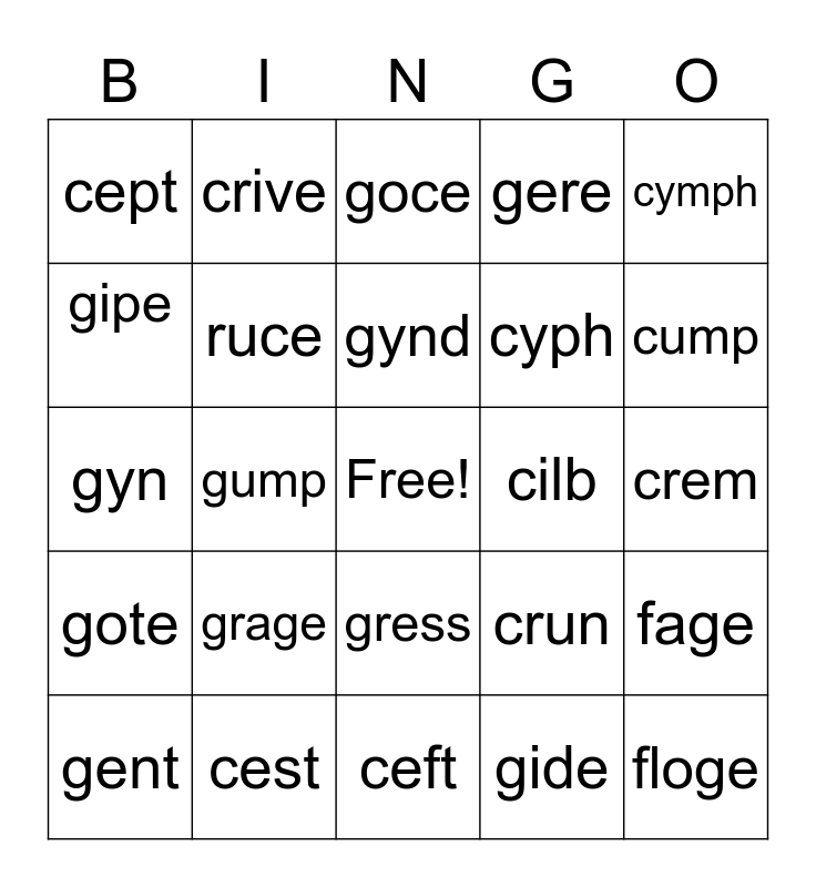Nonsense Word Soft C / G Bingo Card