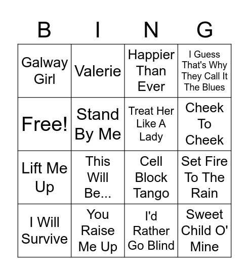 Name That Tune Bingo Card