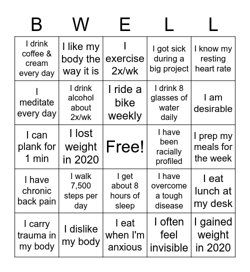 Physical Wellness Bingo Card