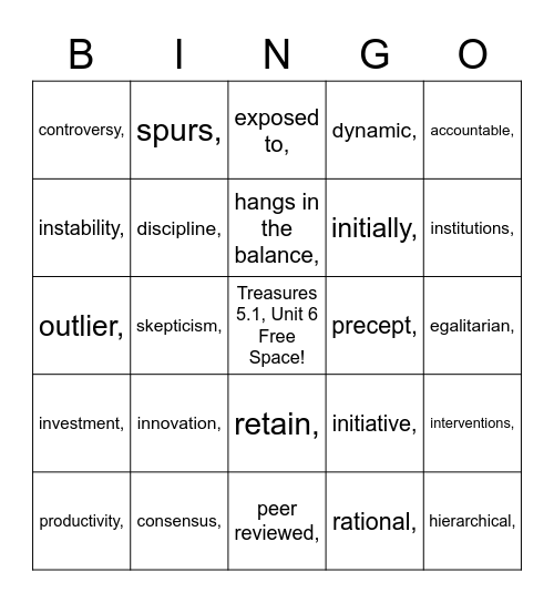 Treasures 5.1, Unit 6 Vocabulary Bingo Card