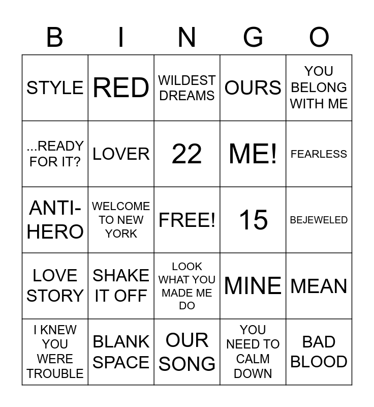 TAYLOR SWIFT Bingo Card
