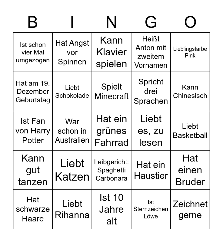 NAMENS- Bingo Card