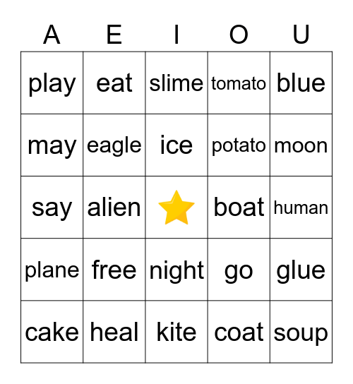 LONG VOWEL SOUNDS BINGO Card